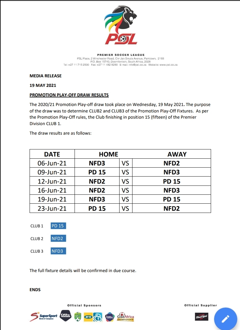 Premier Soccer League Playoff Draw Results 19 May 2021 – ThamiSoccer
